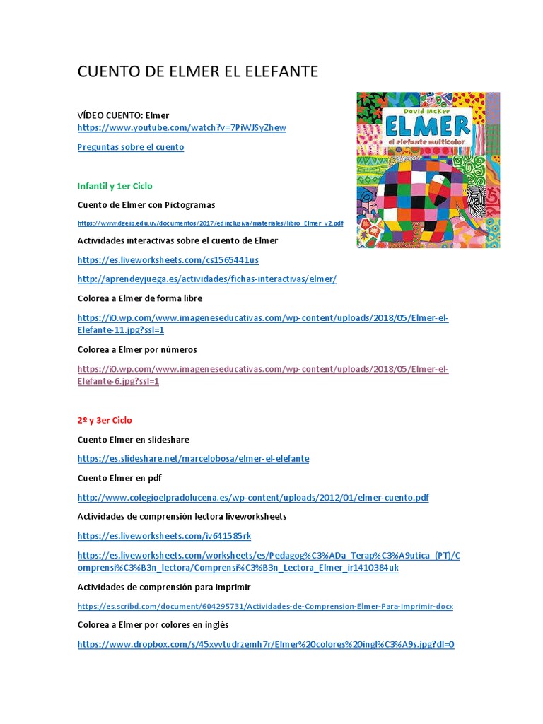 Actividades Cuento de Elmer El Elefante | PDF