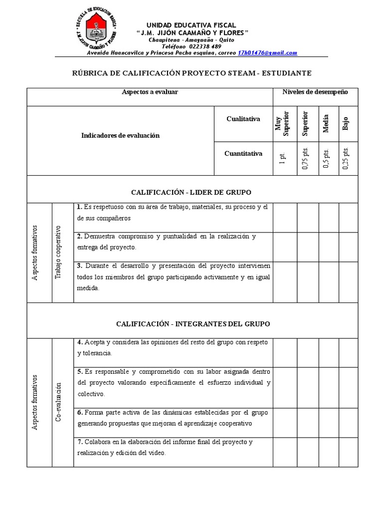 Rubrica Steam Estudiante. | PDF | Aprendizaje | Evaluación educativa y ...