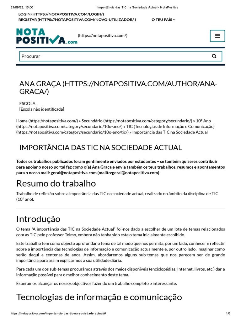 Importância Das TIC Na Sociedade Actual - NotaPositiva | PDF ...