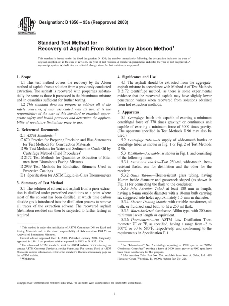 Recovery of Asphalt From Solution by Abson Method: Standard Test Method ...