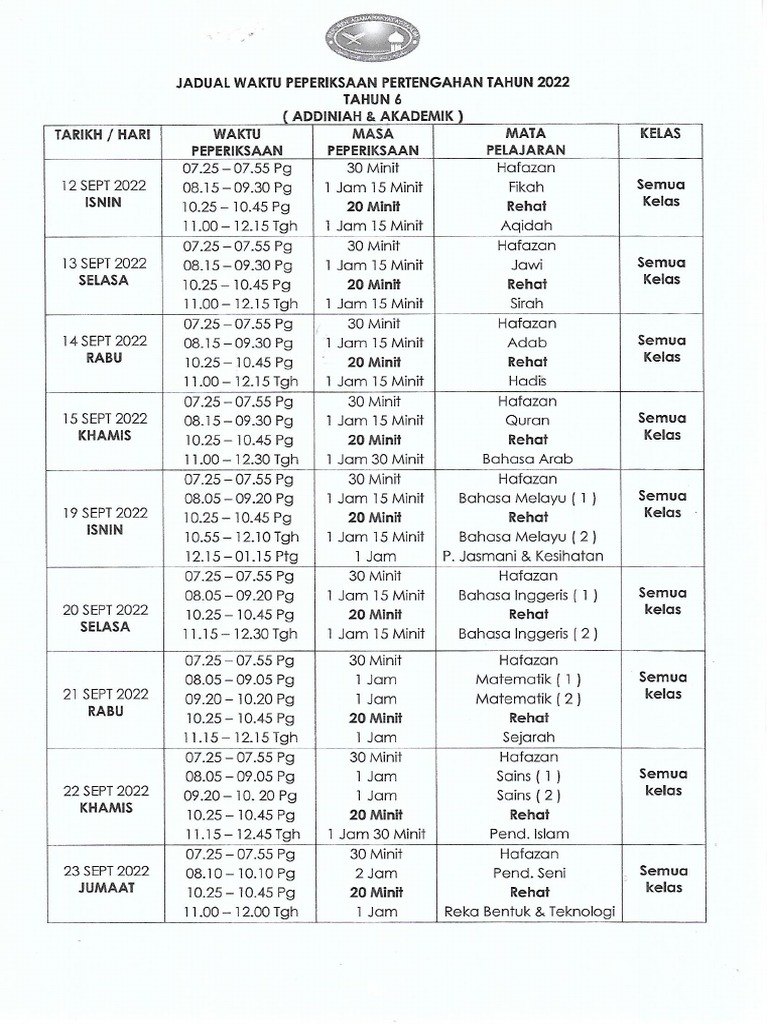 Jadual Tahun 6 Pdf