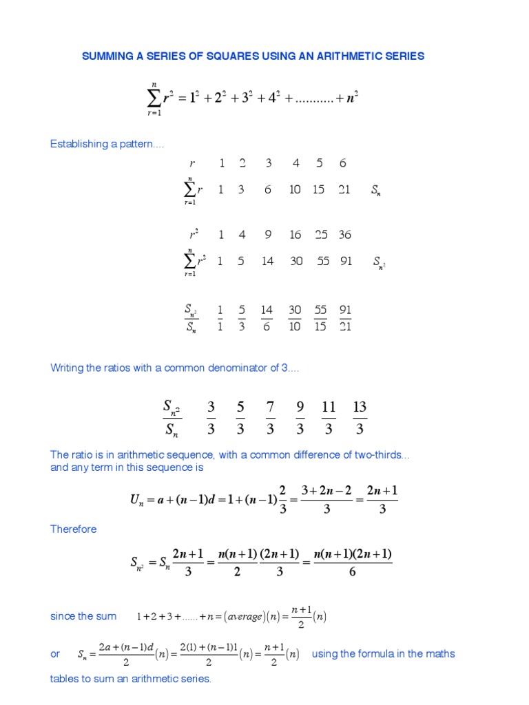 Sum of Squares Using Arithmetic Series | PDF | Summation | Arithmetic