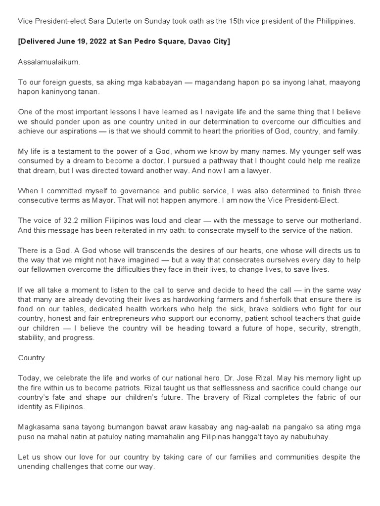 Transcript of VP Sara Duterte Inaugural Address | PDF