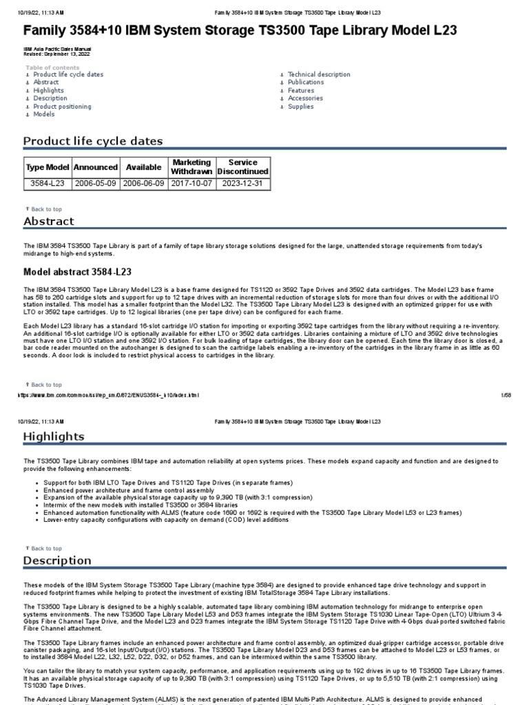 Family 3584+10 IBM System Storage TS3500 Tape Library Model L23 Sales Manual | PDF | Library ...
