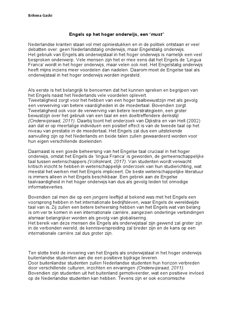 Dutch - Betoog Engels Als Voertaal Op HBO | PDF