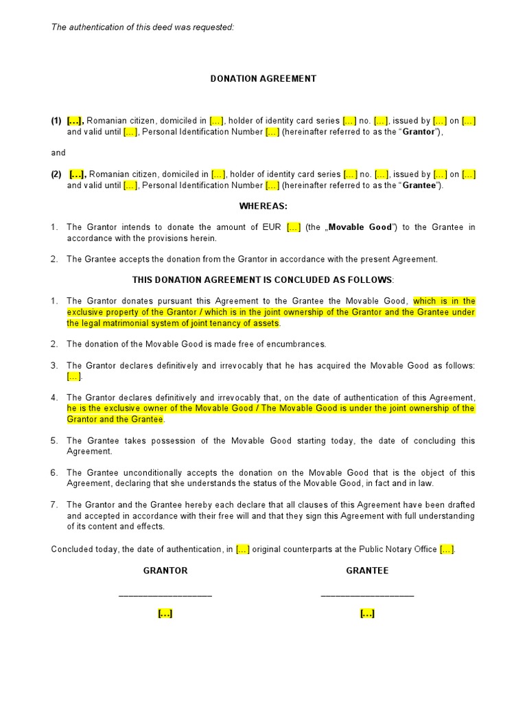 Donation Agreement - Template | PDF | Identity Document | Deed