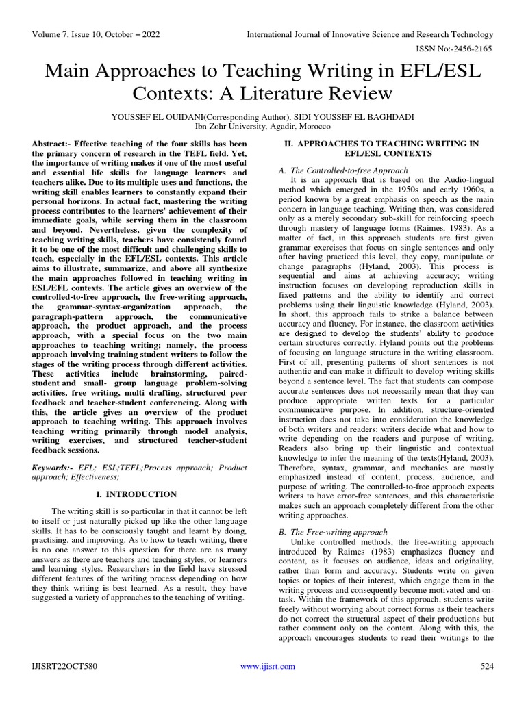 Main Approaches To Teaching Writing in EFLESL Contexts A Literature ...