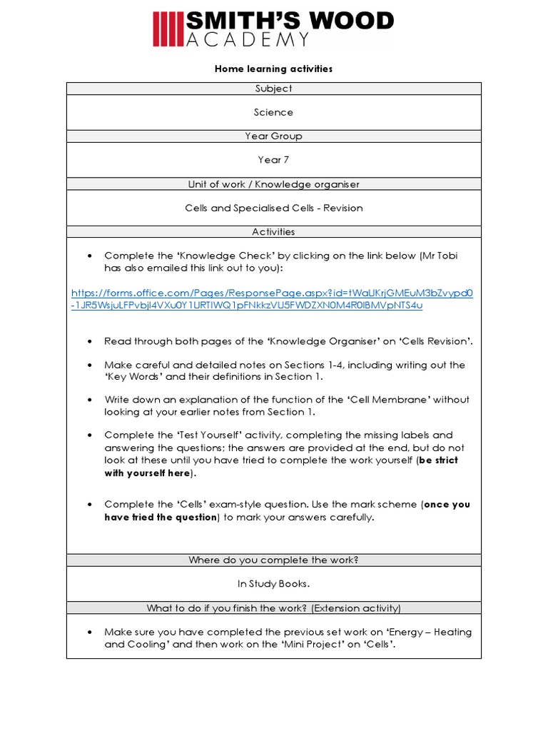 Year 7 Science: Cells Revision Guide | PDF | Cell (Biology) | Vacuole