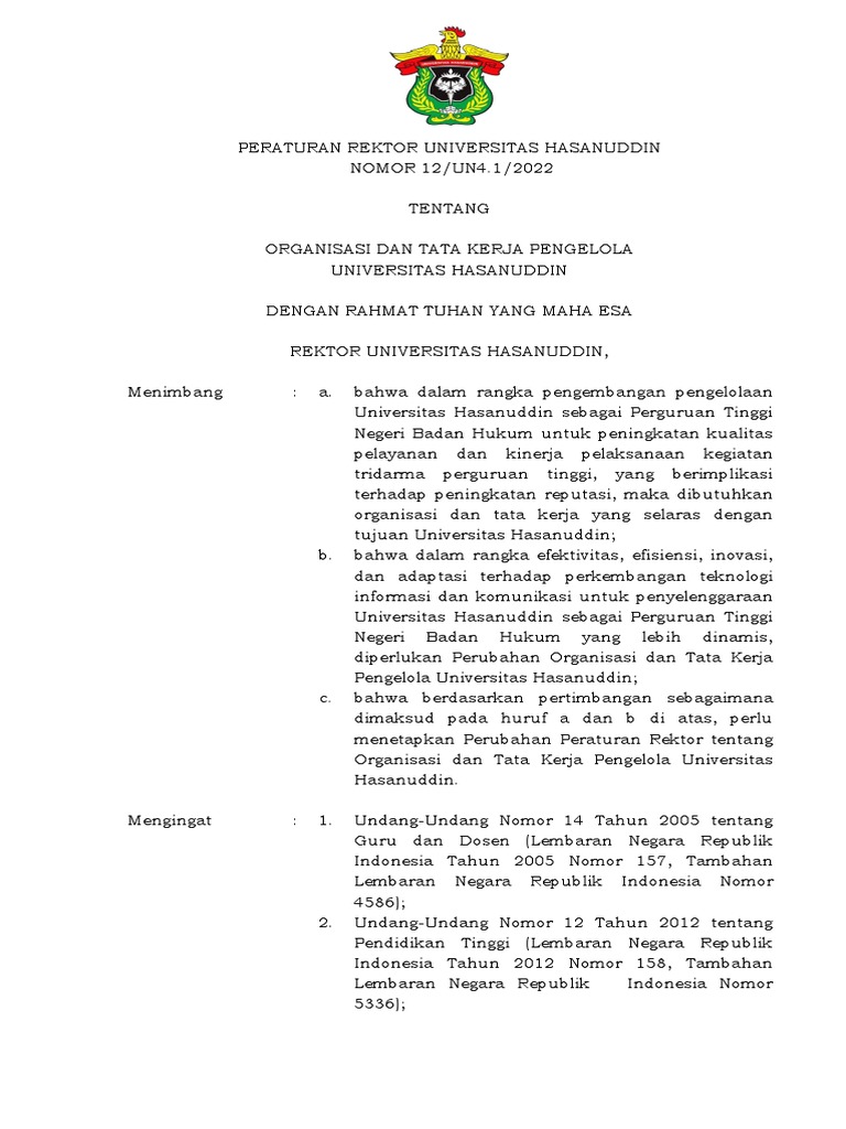 Peraturan Rektor Unhas Nomor 12 Tahun 2022 Tentang OTK Pengelola Unhas. Final - 12 Agt. 2022 | PDF