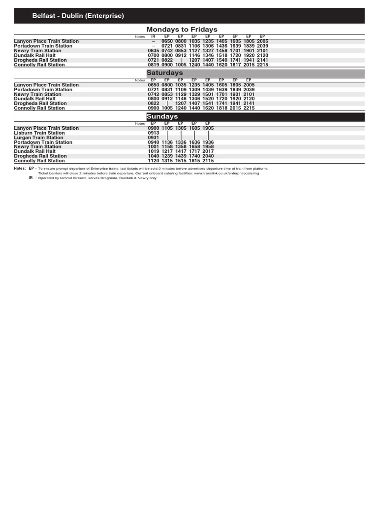 Timetable - Enterprise - Enterprise Belfast Dublin - Belfast Dublin ...