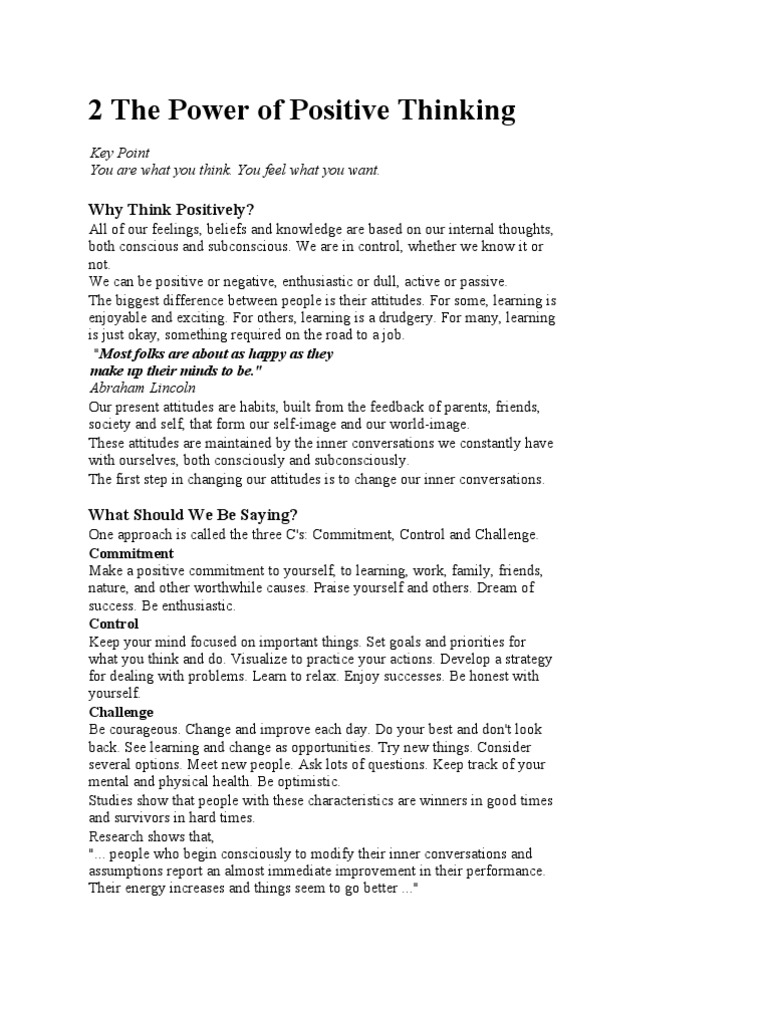 2 The Power Of Positive Thinking Pdf Reading Comprehension Thought