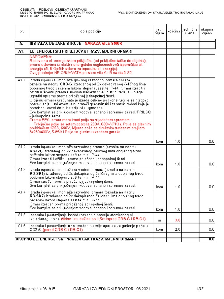 Predmjer Opreme I Radova PIS - G+a+B Vile Smuk Final | PDF