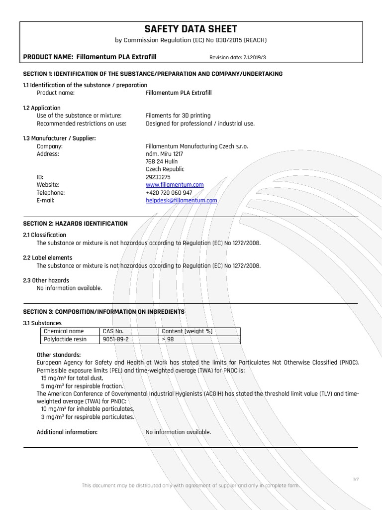 MSDS PLA-Extrafill EN 07012019 | PDF | Personal Protective Equipment ...