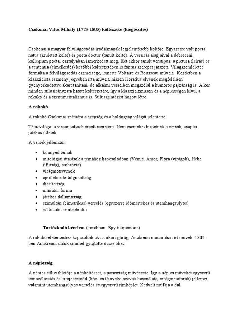 Csokonai Vitéz Mihály Vázlat | PDF