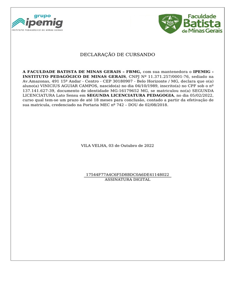 Declaração de Cursando | PDF