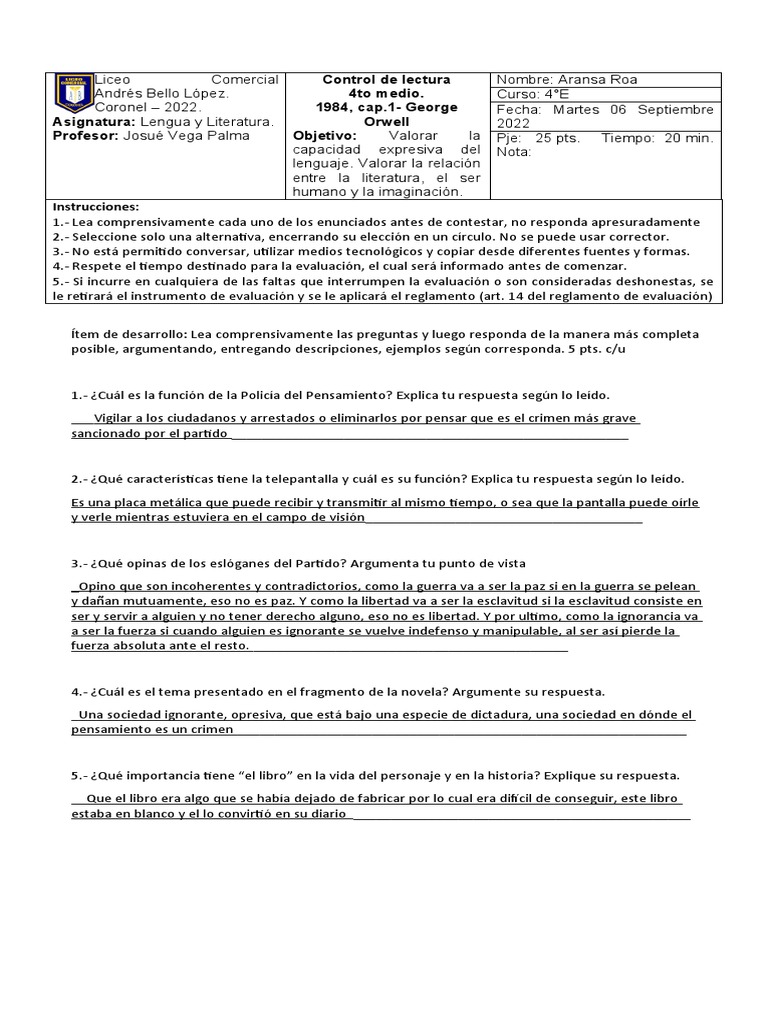 Aransa Roa 4°E Control de Lectura 1984 | PDF | Ficción general