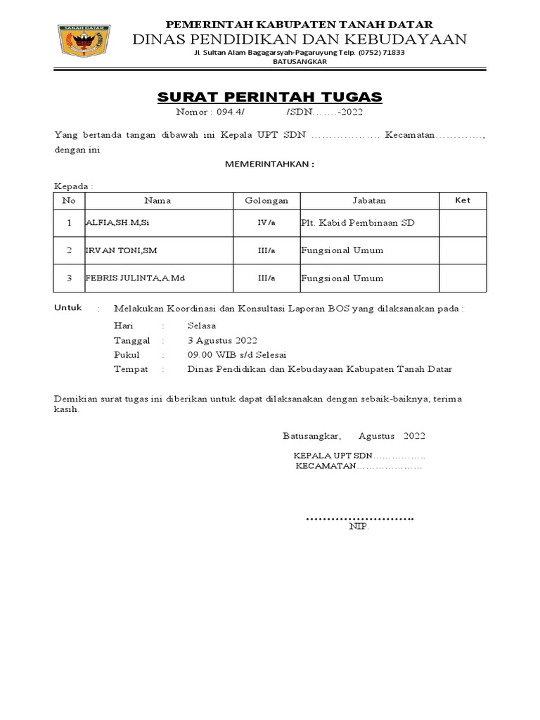 Contoh SPPD Sekolah dan Pengisian | PDF