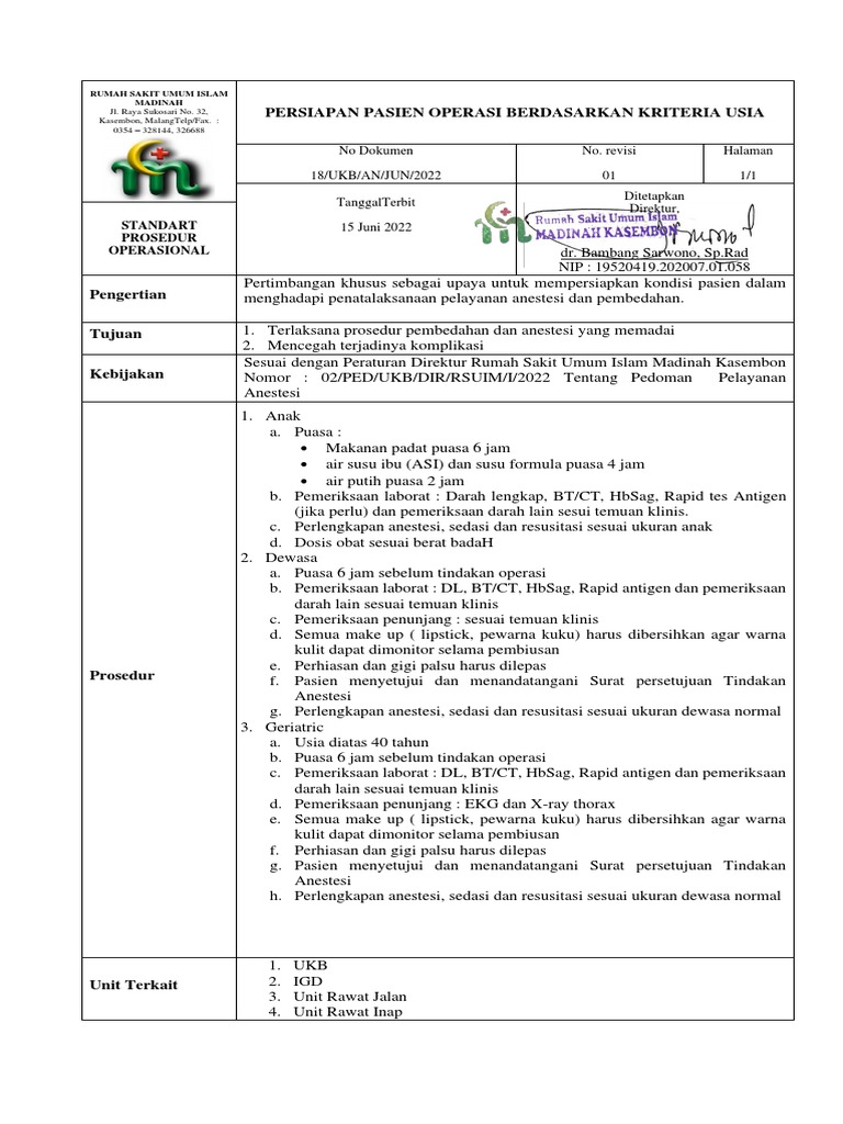 18 Persiapan Pasien Operasi Berdasarkan Usia | PDF