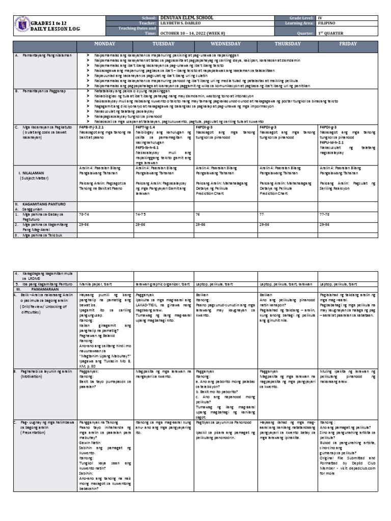 DLL - Filipino 4 - Q1 - W8 | PDF