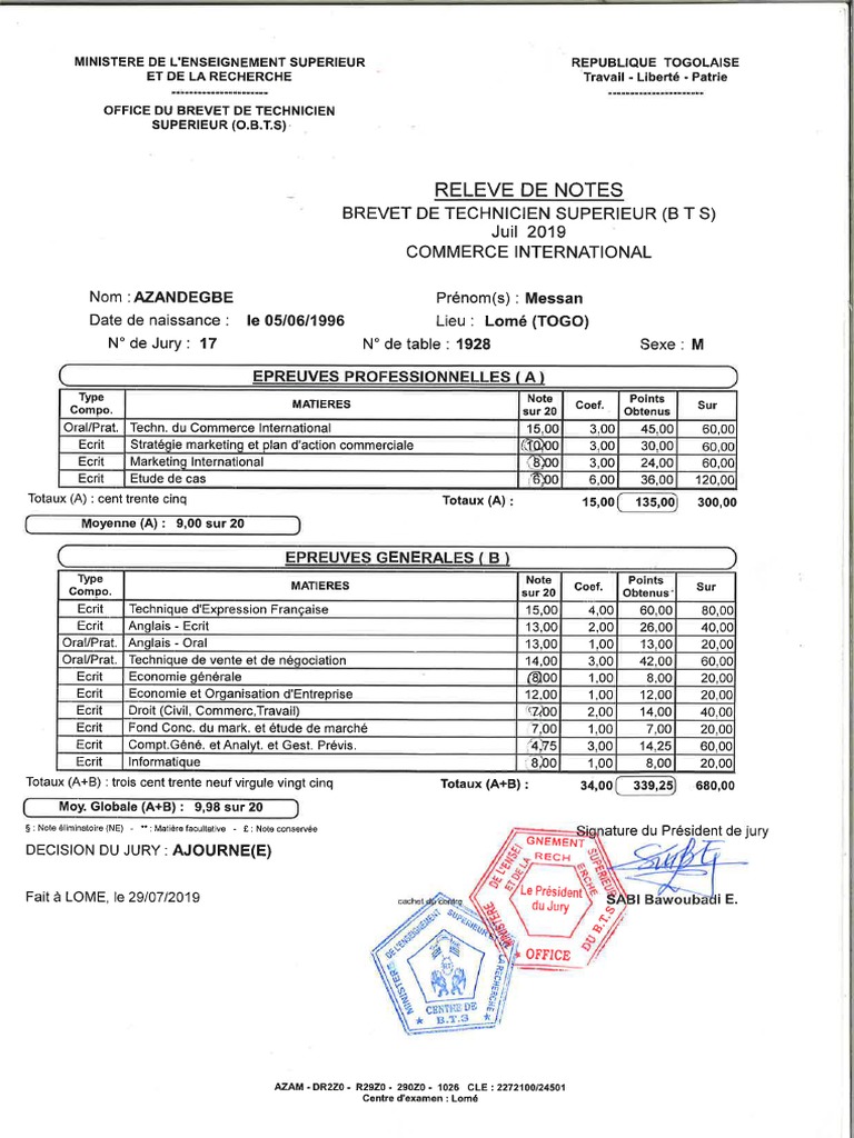 Releve de Notes de BTS | PDF