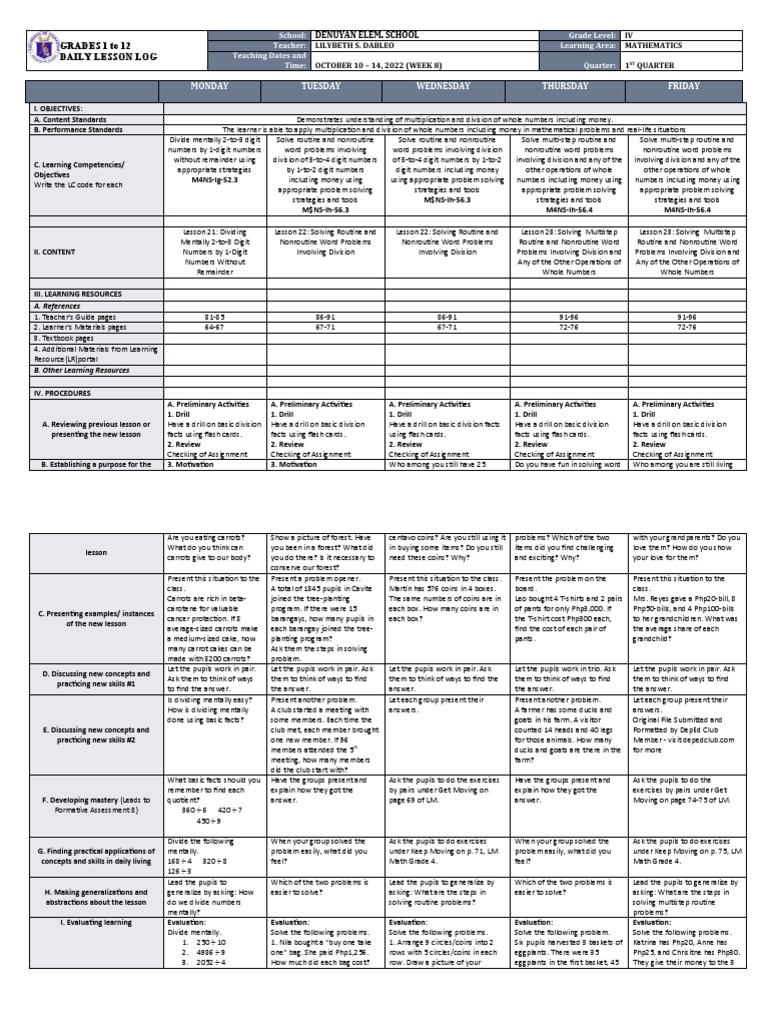 DLL - Mathematics 4 - Q1 - W8 | PDF | Flashcard | Learning