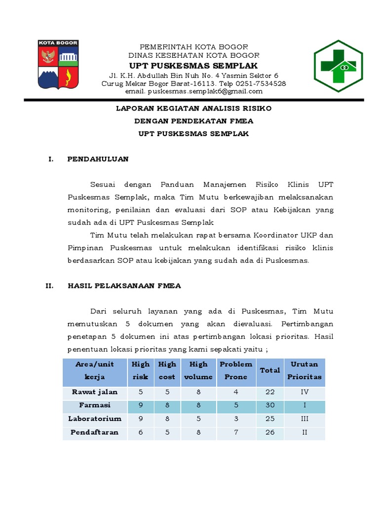 9.1.1.8 Laporan Pelaksanaan Kegiatan FMEA Puskesmas Dumai Kota | PDF 9.1.1.8 Laporan Pelaksanaan Kegiatan FMEA Puskesmas Dumai Kota | PDF