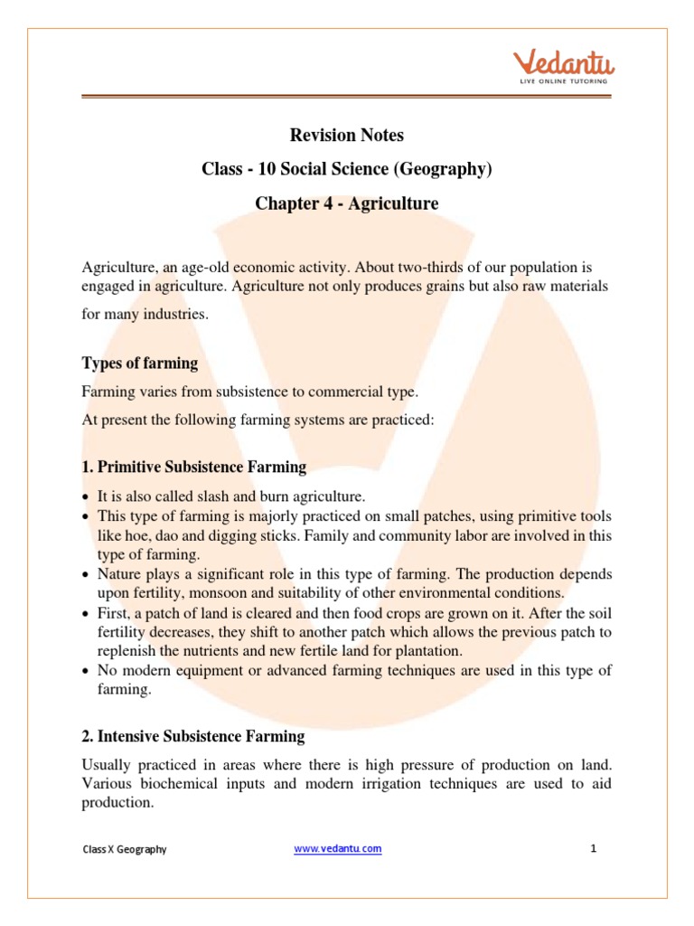 CBSE Class 10 Geography Chapter 4 Notes - Agriculture | PDF ...