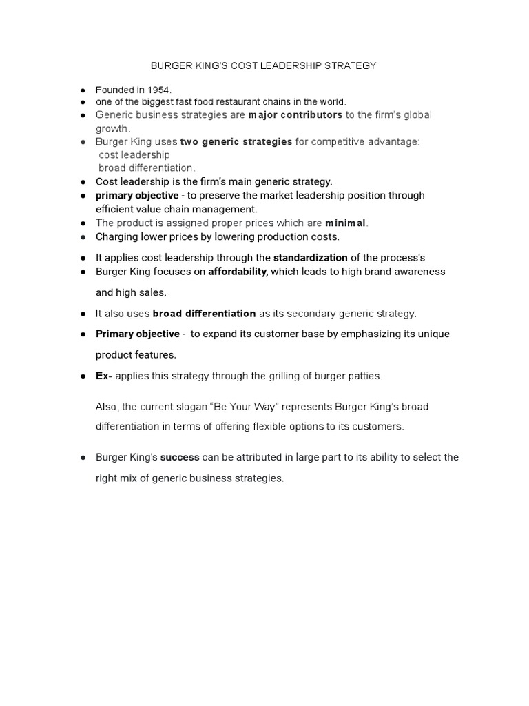 Burger King's Cost Leadership Strategy | PDF