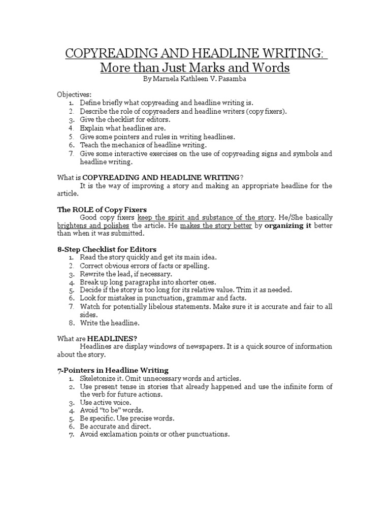 Copyreading and Headline Writing Guide | PDF | Punctuation | Language ...