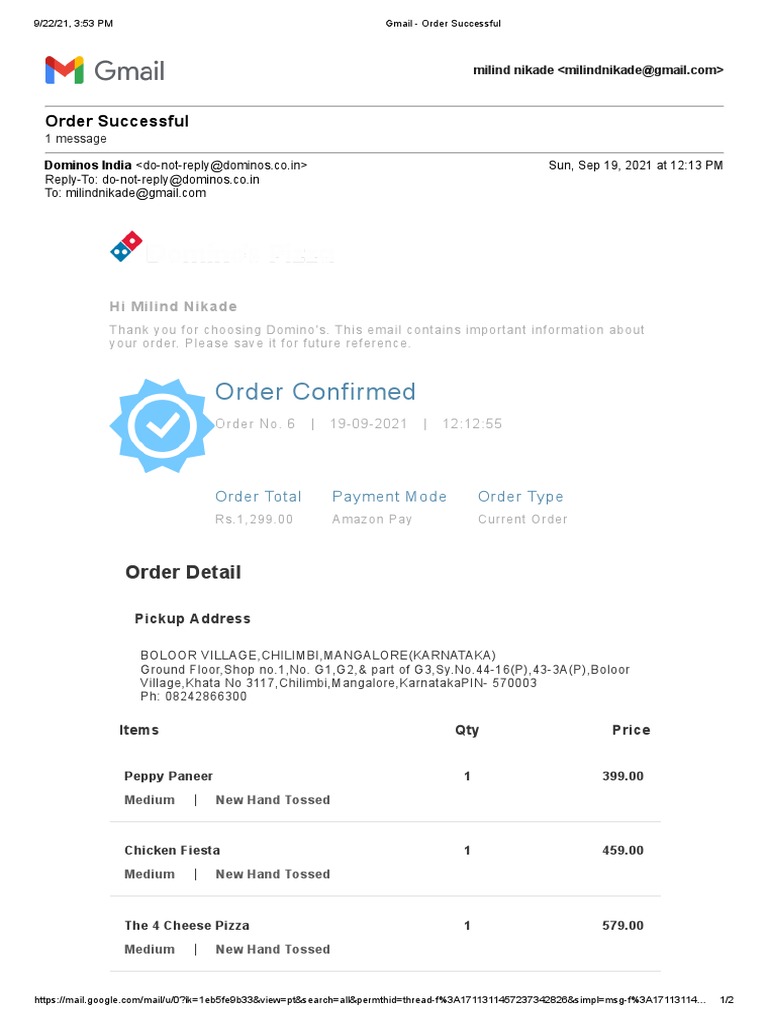 Dominos Pizza Bill | PDF | Pizza