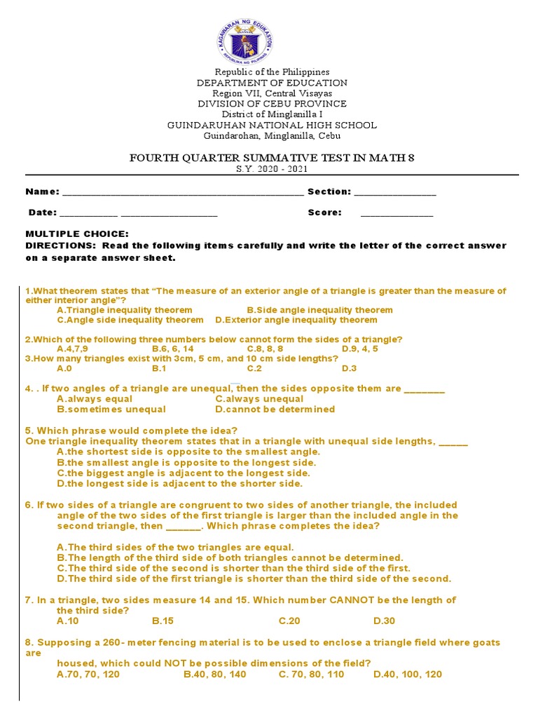 Fourth Quarter Summative Test in Math 8 | PDF | Triangle | Geometry
