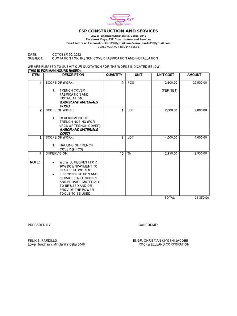 Quote For Trench Cover Fabrication and Installation | PDF | Technology ...