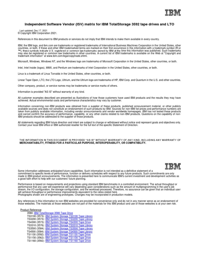 Independent Software Vendor Matrix (ISV) For IBM TotalStorage 3592 and ...