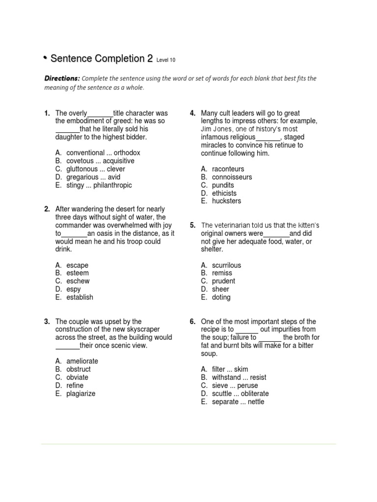 Level 10 Sentence Completion 1 1 Pdf