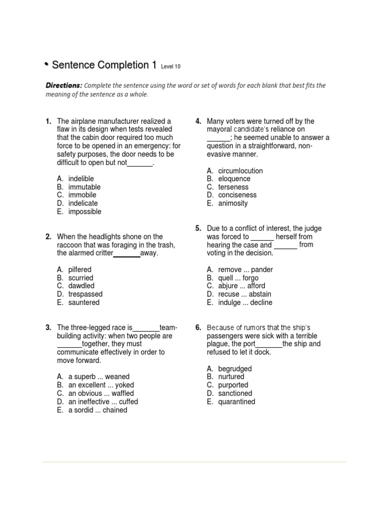 Level 10 Sentence Completion 1-1 | PDF