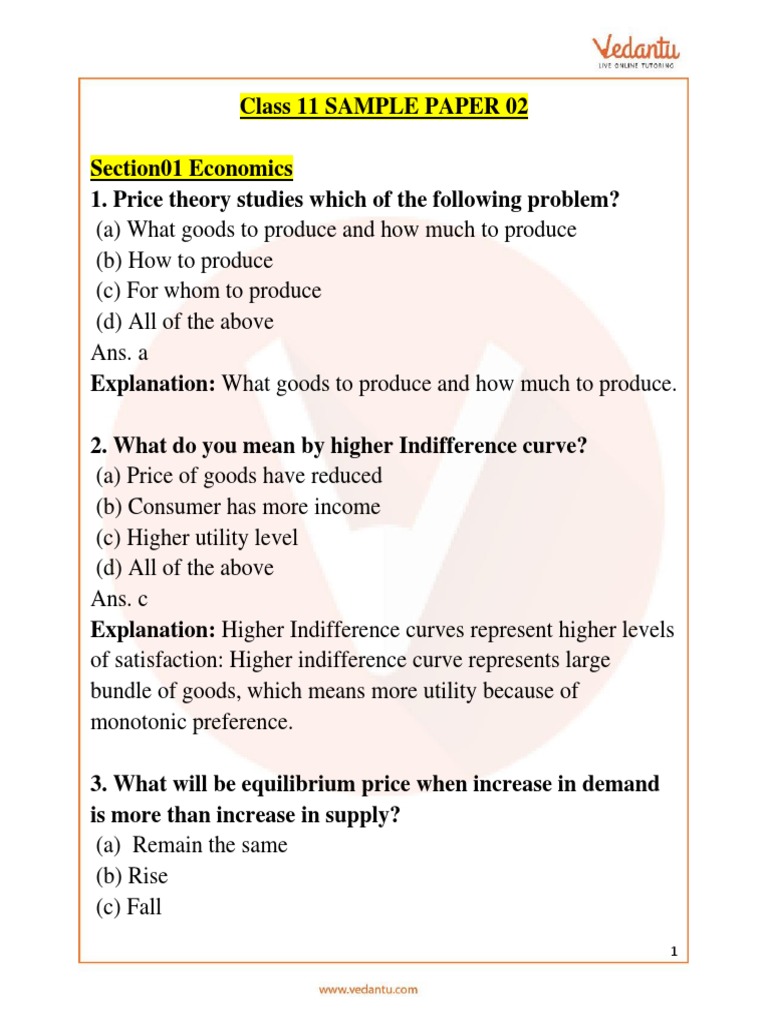 Class 11 Economics & Business Sample Paper | PDF | Supply And Demand ...