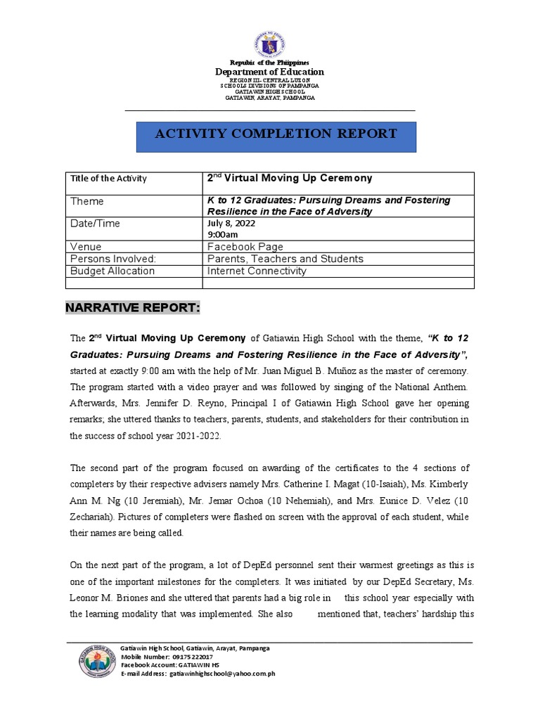 Gatiawin HS 2nd Virtual Moving Up Ceremony Report | PDF | Communication Gatiawin HS 2nd Virtual Moving Up Ceremony Report | PDF | Communication