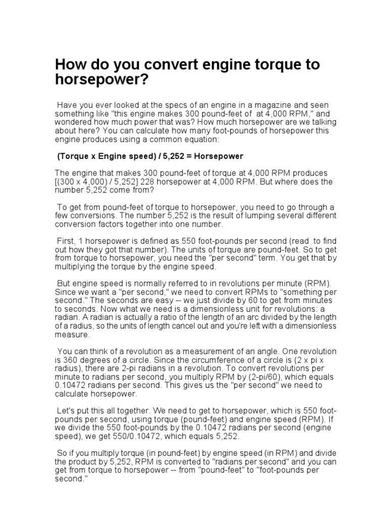 Converting Torque to Horsepower Explained | PDF | Horsepower | Torque