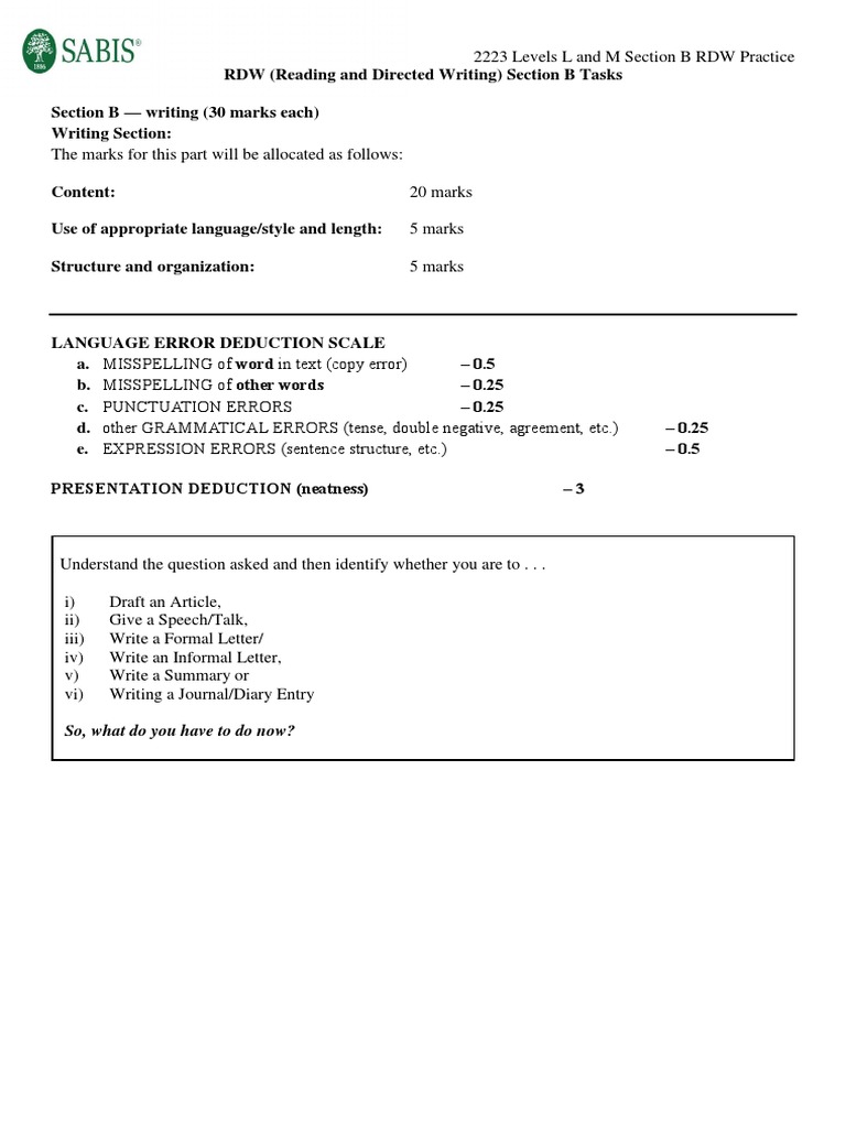 2223 Level L and M RDW Writing Section B Tasks-Sep 26 | PDF | Question | Human Communication