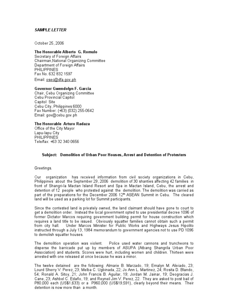 Urgent Action-Sample Letter | Download Free PDF | Cebu | United Nations