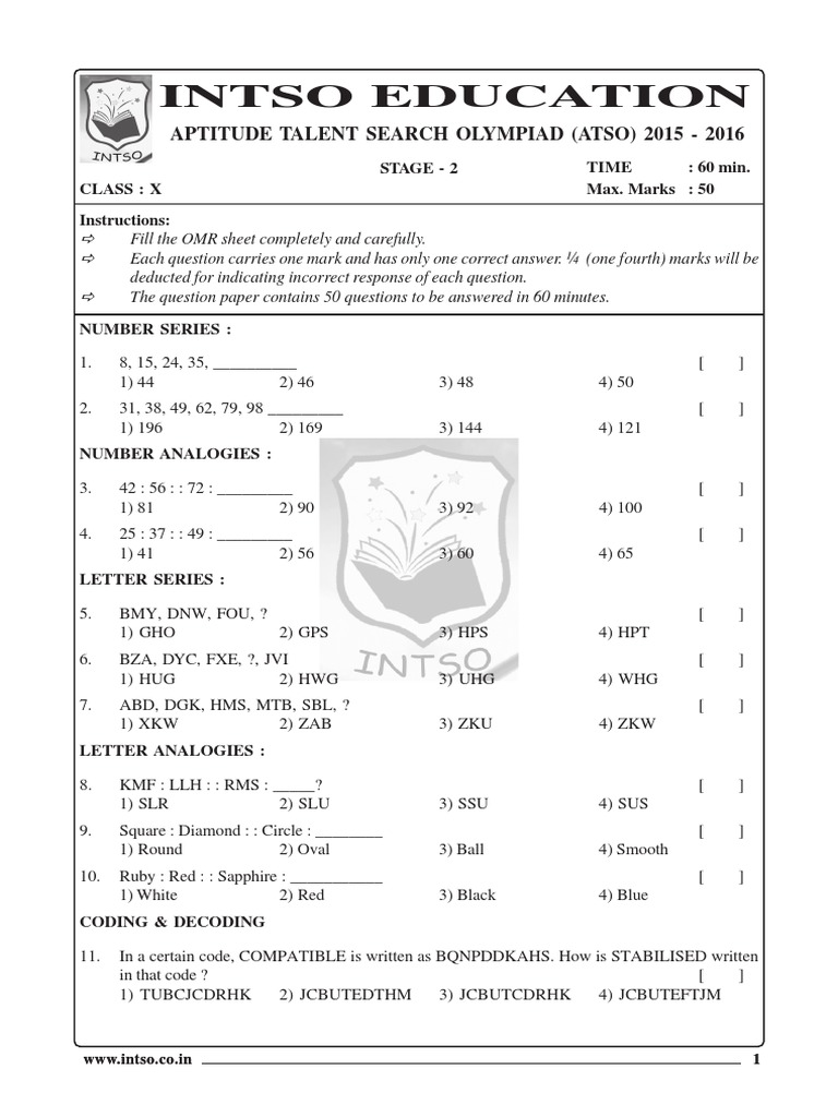 APTITUDE TALENT SEARCH OLYMPIAD (ATSO) TIME - 60 Min. CLASS - X Max ...