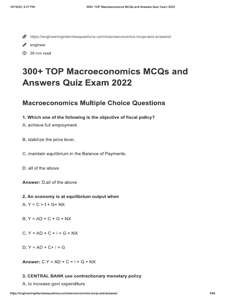Macroeconomics MCQs and Answers Quiz Exam 2022 | PDF