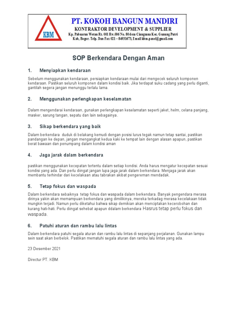 SOP Berkendara Dengan Aman KBM | PDF