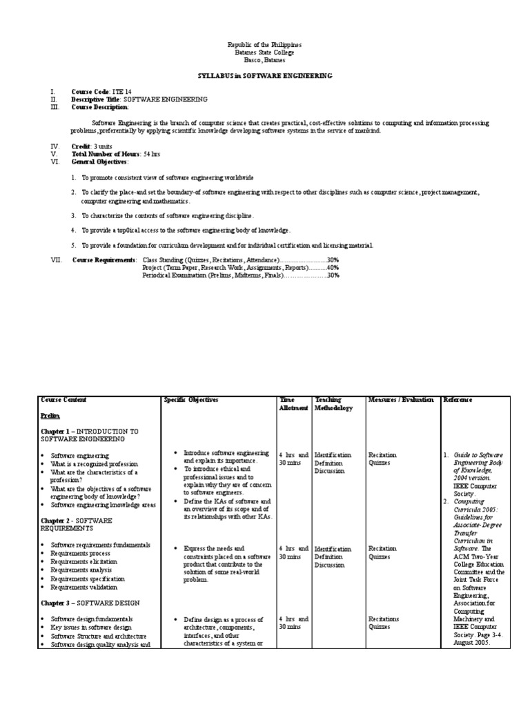 Course Syllabus in Software Engineering | PDF | Engineering | Software ...