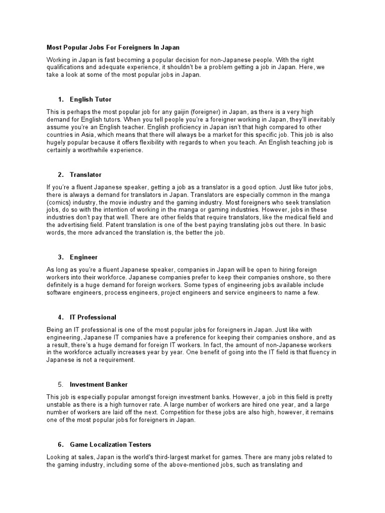 Most Popular Jobs For Foreigners in Japan | PDF | Translations | Business