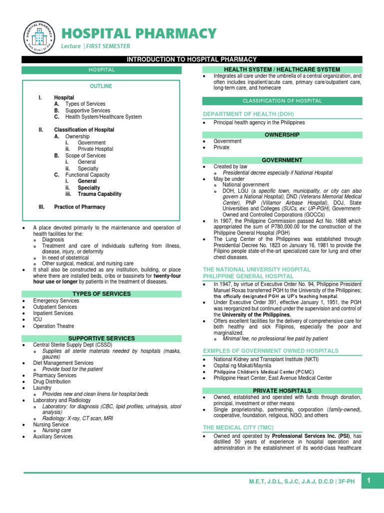(PHA6129 LEC) - Introduction To Hospital Pharmacy | PDF | Hospital | Medicine