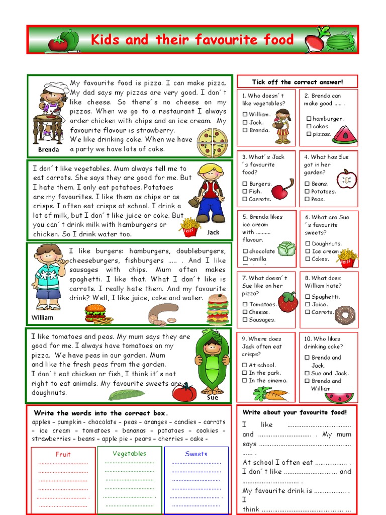 Kids and Their Favourite Food Key Reading Comprehension Exercises ...