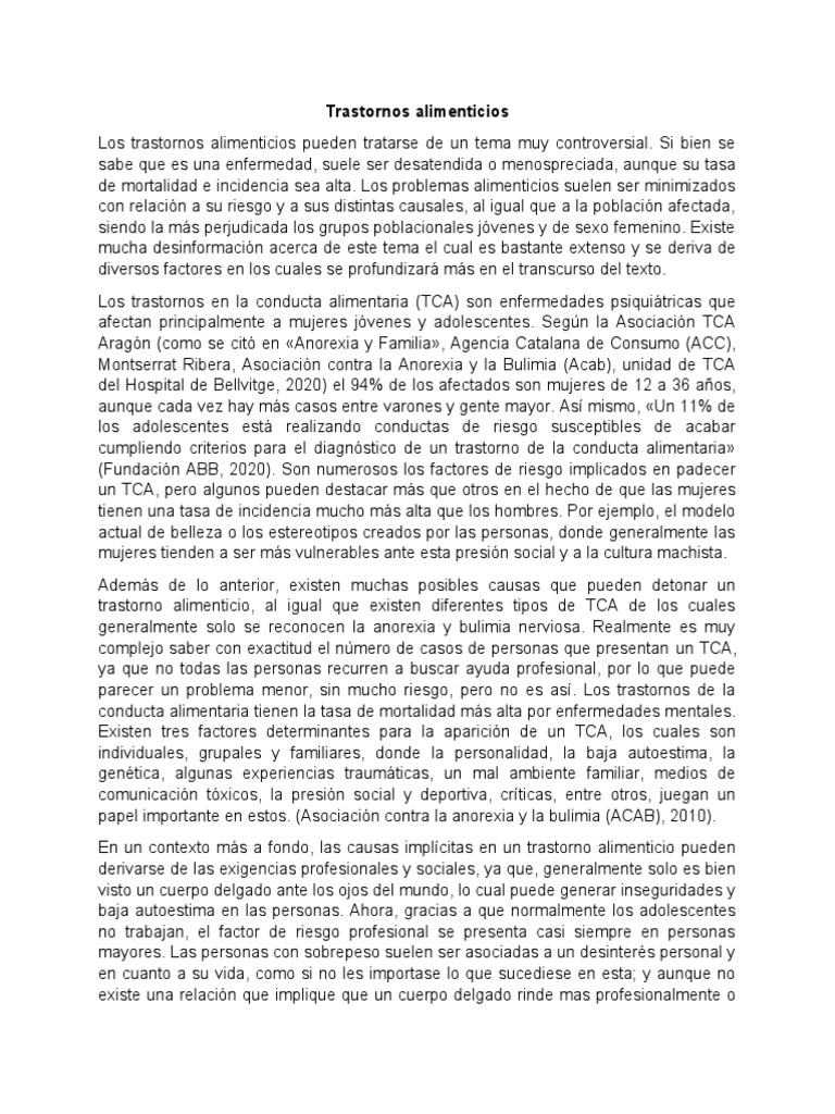 Ensayo Tca | PDF | Desorden alimenticio | Anorexia nerviosa