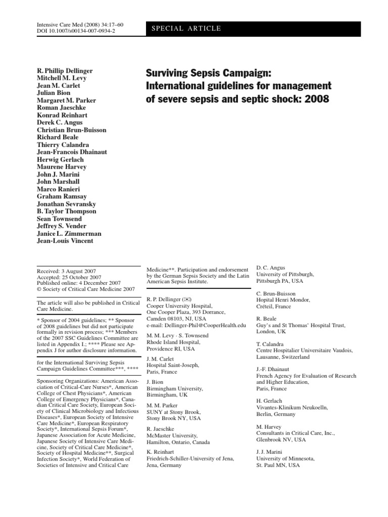 Surviving Sepsis Campaign International Guidelines For Management of ...