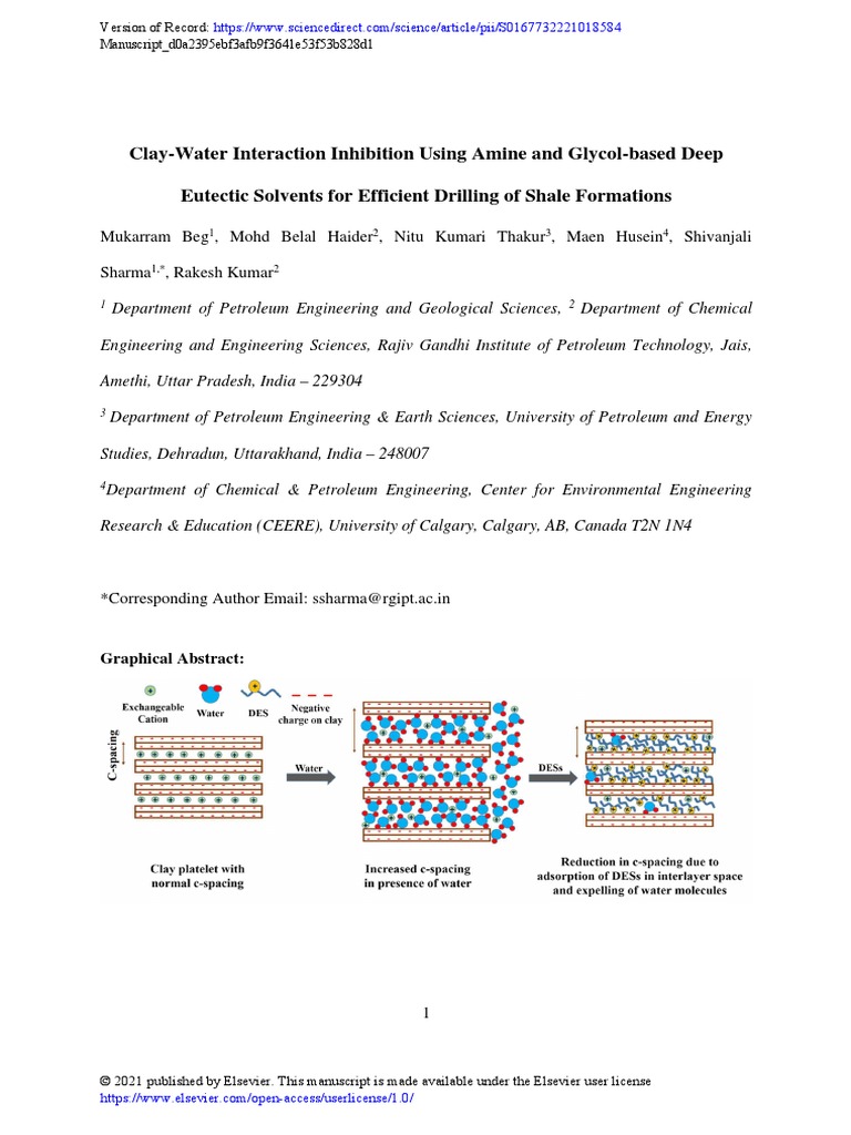 Clay-Water Interaction Inhibition Using Amine and Glycol-Based Deep ...
